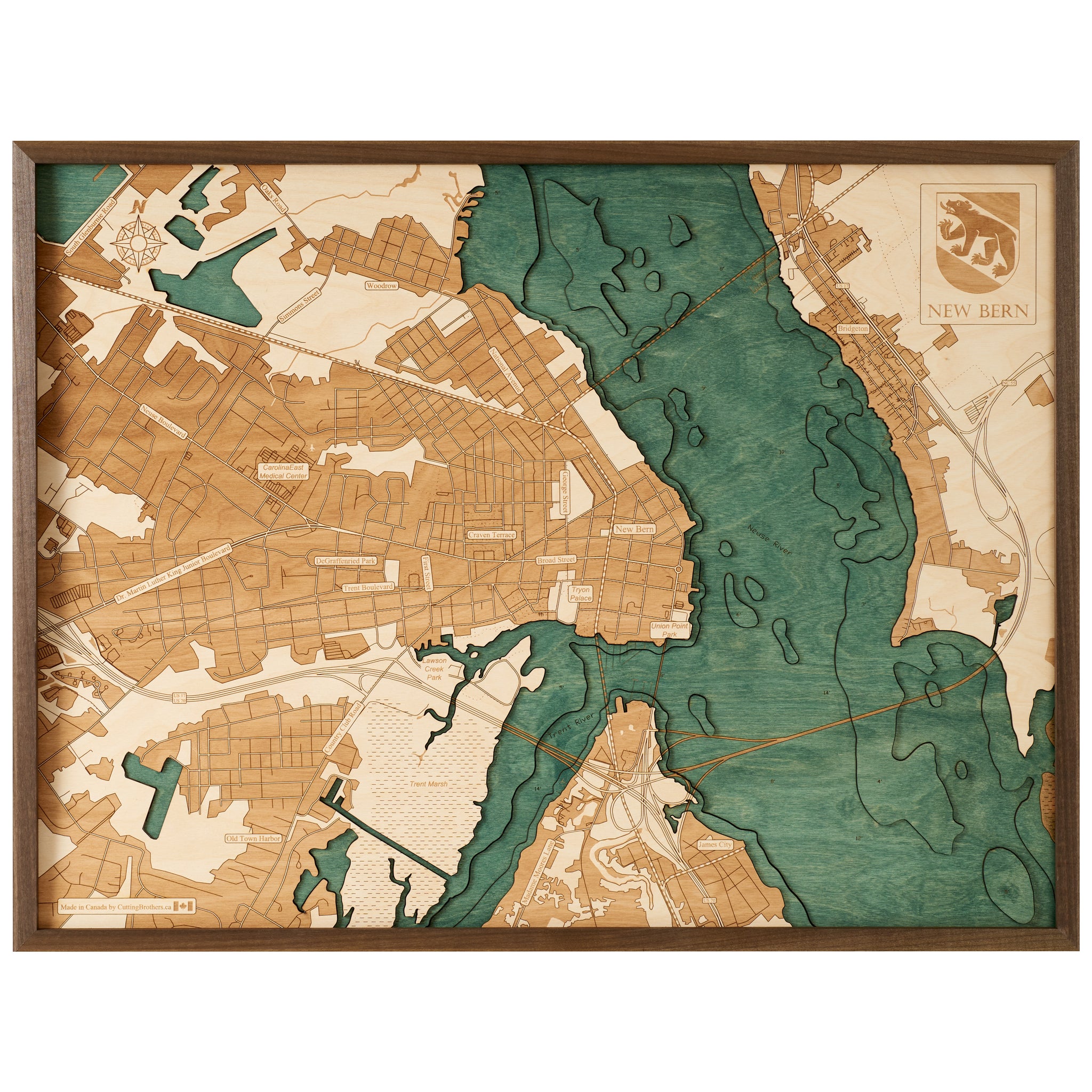 NEW BERN 3D WOODEN WALL MAP - Version L