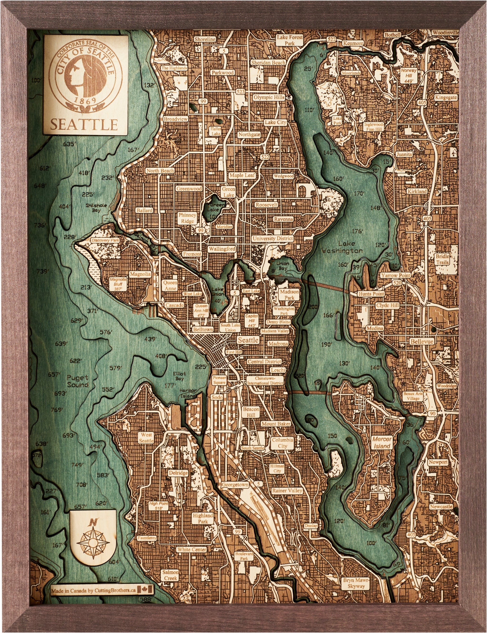 SEATTLE 3D WOODEN WALL MAP - Version S
